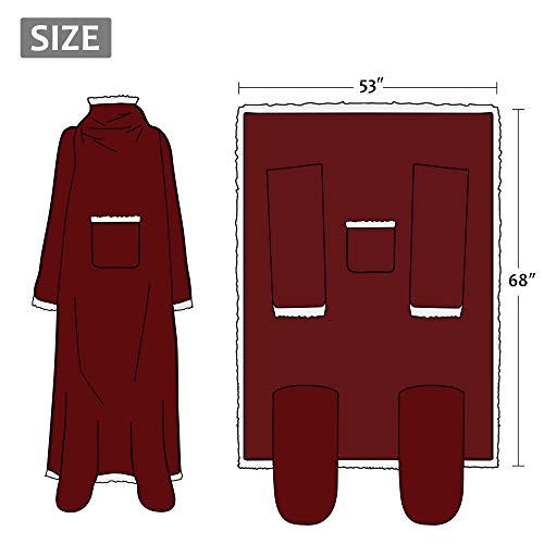 Catalonia Sherpa Wearable Blanket with Sleeves & Foot Pockets for Adult Women Men, Comfy Snuggle Wrap Sleeved Throw Blanket Robe, Gift Idea, Wine
