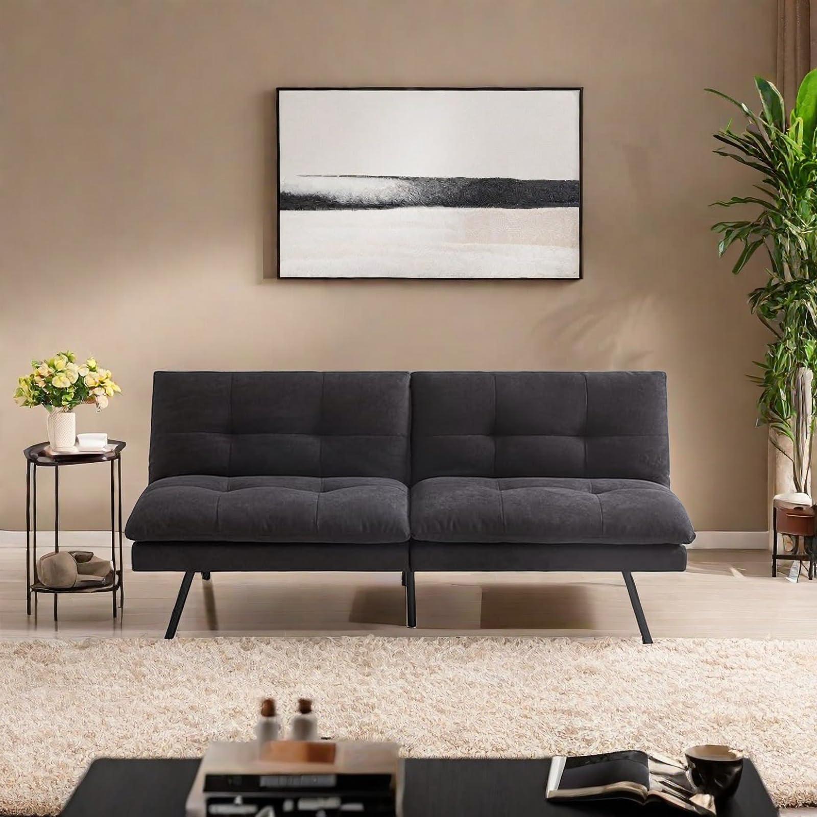 GlasFlength Futon Sofa Bed Loveseat Sleeper Sofa, Convertible Sofa Bed Small Couch with Memory Foam Split Seat Design, Linen Fabric Futon Couch for Living Room, Apartment, Bedroom (Black)