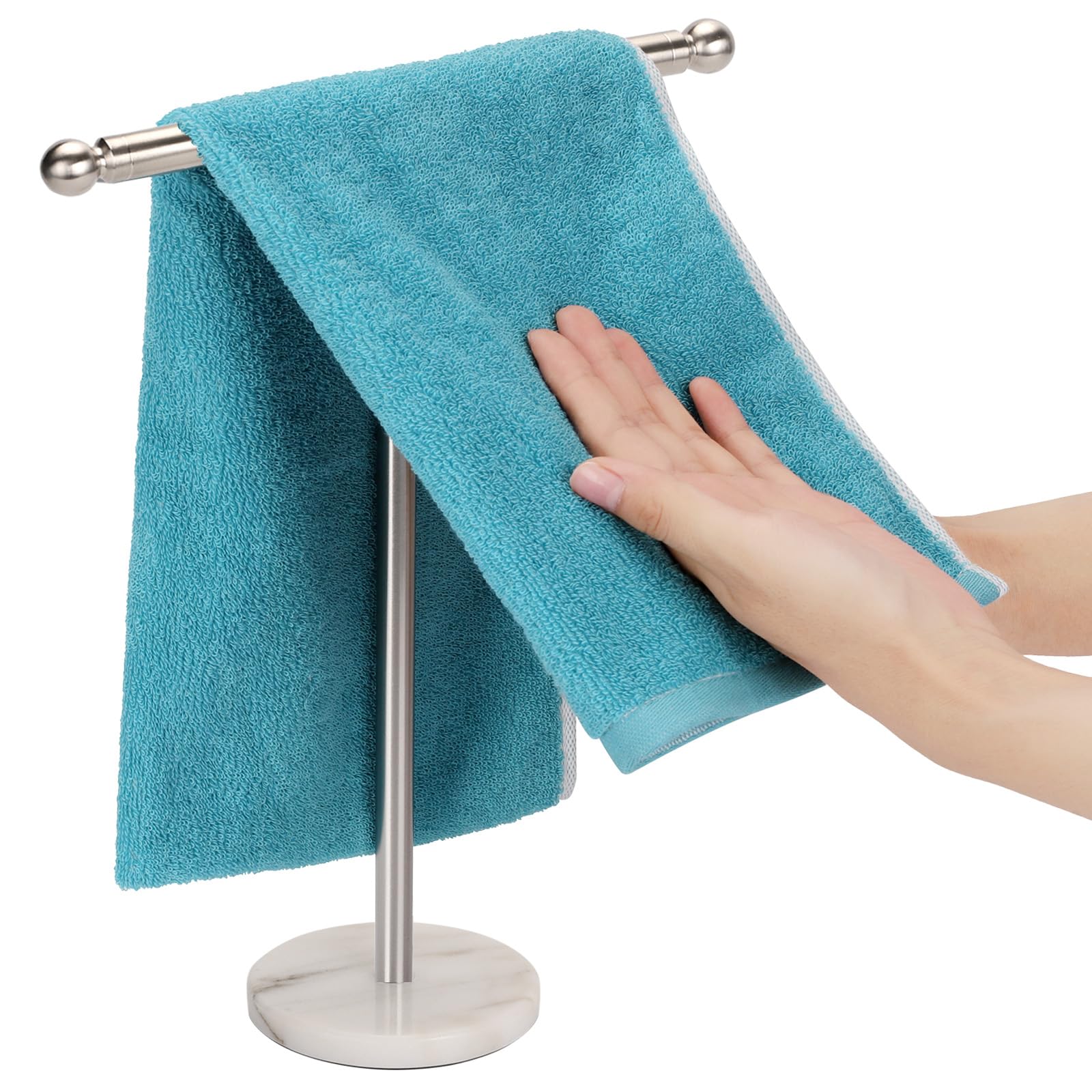Kalitro Towel Rack with Heavy Marble Base, Free Standing Hand Towel Holder Stand for Bathroom Stainless Steel T-Shape Brushed Nickel