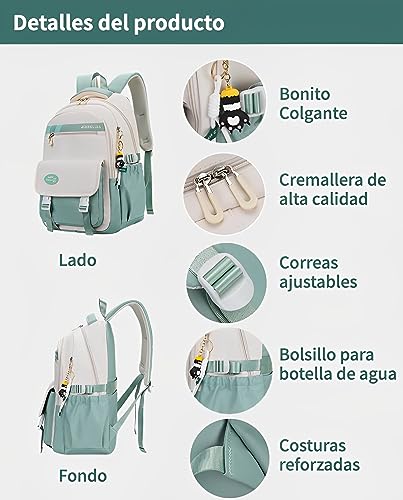 ooibnn Kawaii Backpack With Cute Accessories Spine Protection Anti-thief Cute Aesthetic Book Bag (Mint Green)