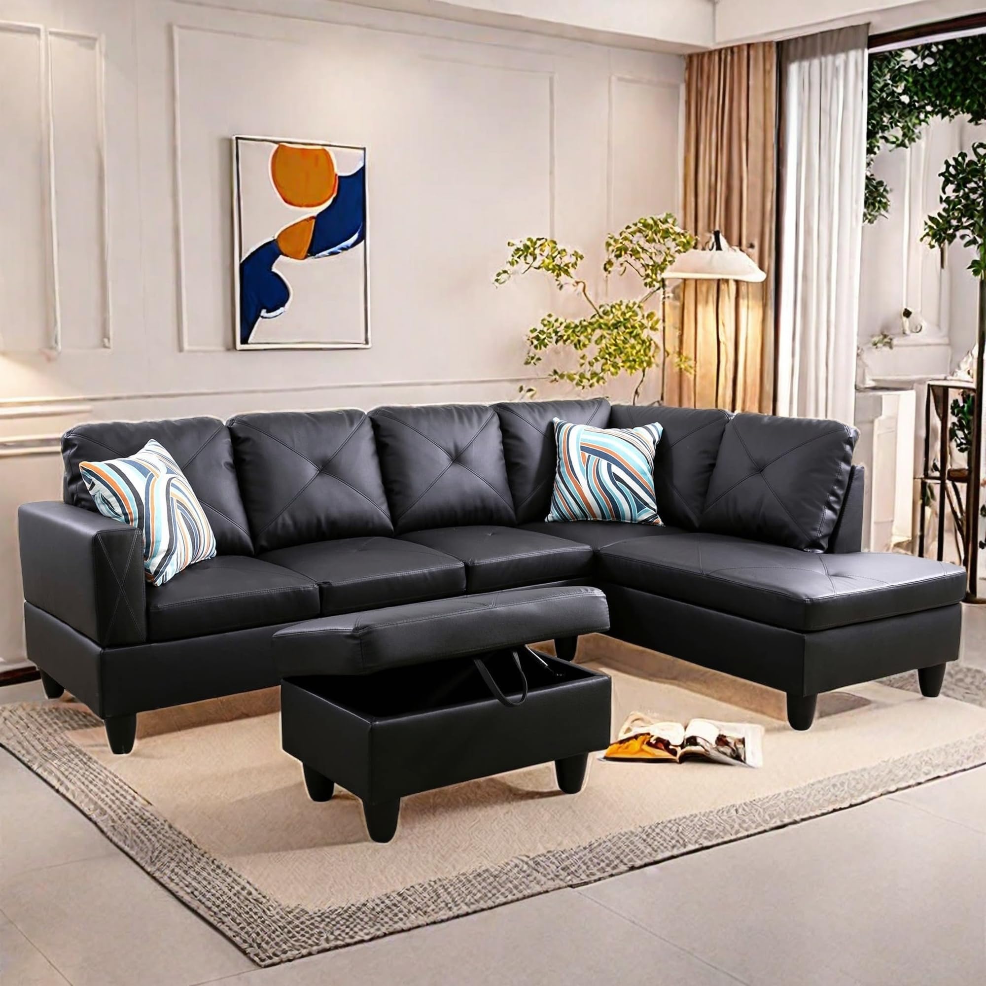 GlasFlength L Shaped Sectional Couches, Convertible Lounge Leather Couch with Reversible Cup Holder, Nail-Head Design Modern Modular Sectional Sofa for Living Room Furniture Sets, Black A