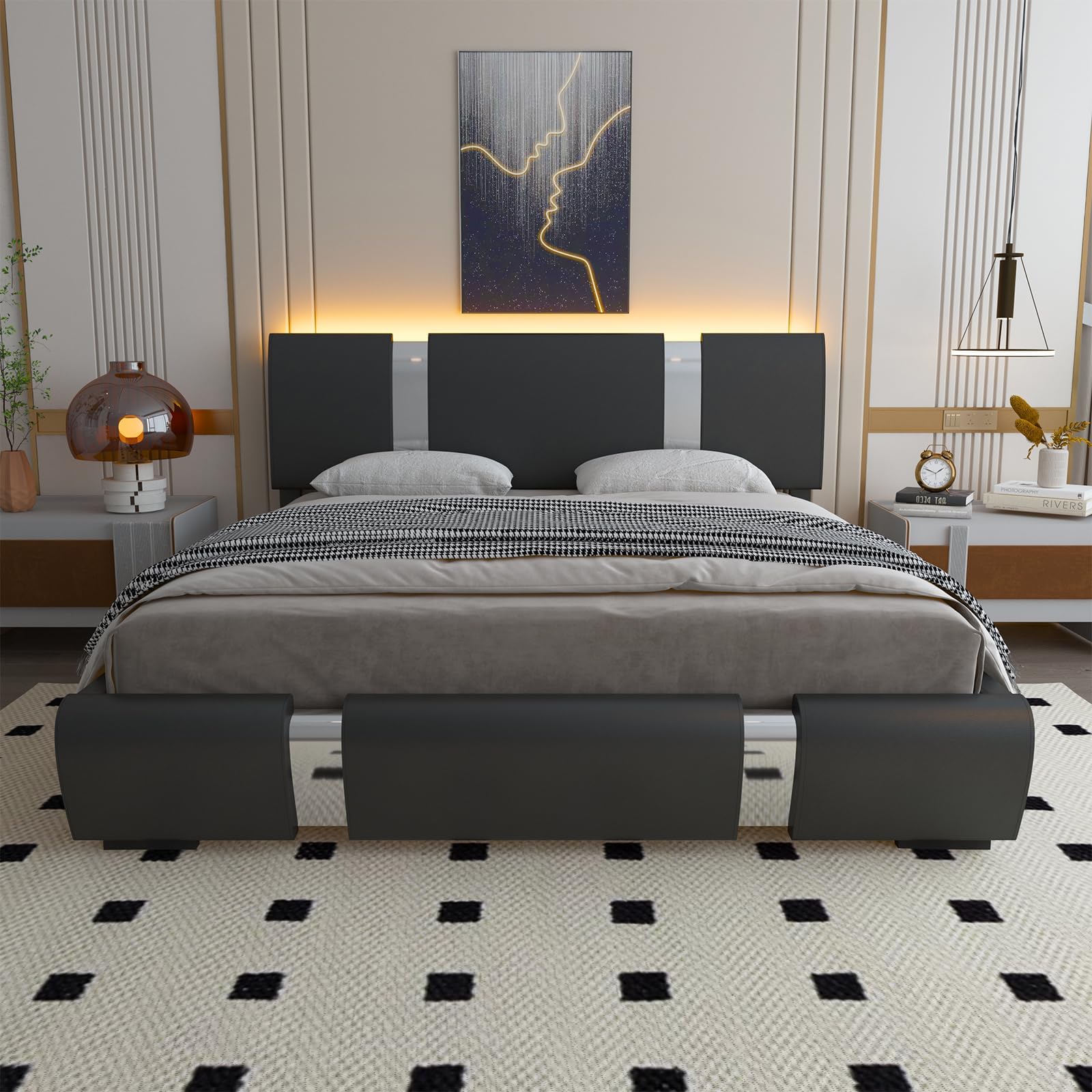 Kallabe Full Modern Faux Leather Upholstered Bed Frame with Adjustable Headboard, LED Lights,Low Profile Platform Bed with Iron Piece Decor,Wooden Slats Support, No Box Spring Needed, Black