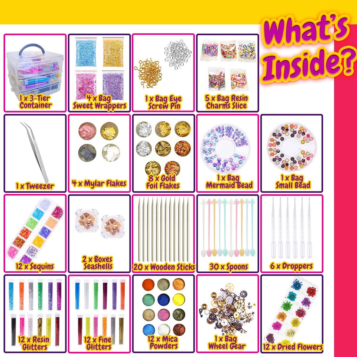 Catcrafter Resin Decoration Accessories Art Kit - All in One Package Resin Molds Silicone Kit Bundle Jewelry Making Supplies for Beginners with Dried Flowers Craft Glitter Nail Gems DIY