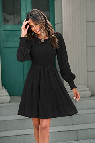 MEROKEETY Women's Fall Long Sleeve Crew Neck Smocked High Waist A Line Swing Mini Dress, Black, S