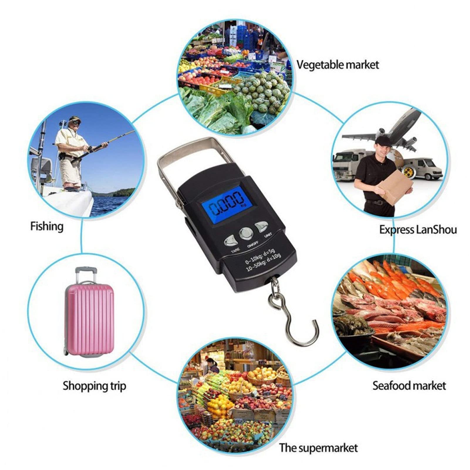 Electronic Hook Scale LCD Fishing Scale Electronic Hanging Hook Scale Digital Hanging Fishing 50kg with 1meter Concealed Tape Measure