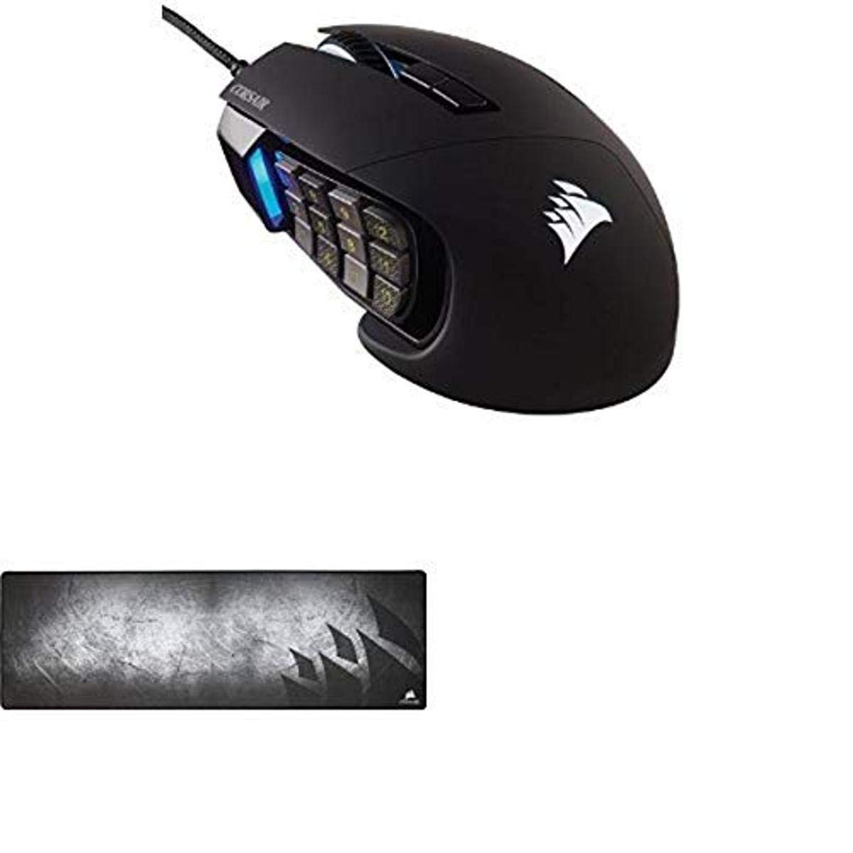 Corsair Gaming SCIMITAR Pro RGB Gaming Mouse, Backlit RGB LED, 16000 DPI, Black Side Panel, Optical and Corsair Gaming MM300 Anti-Fray Cloth Gaming Mouse Pad, Extended