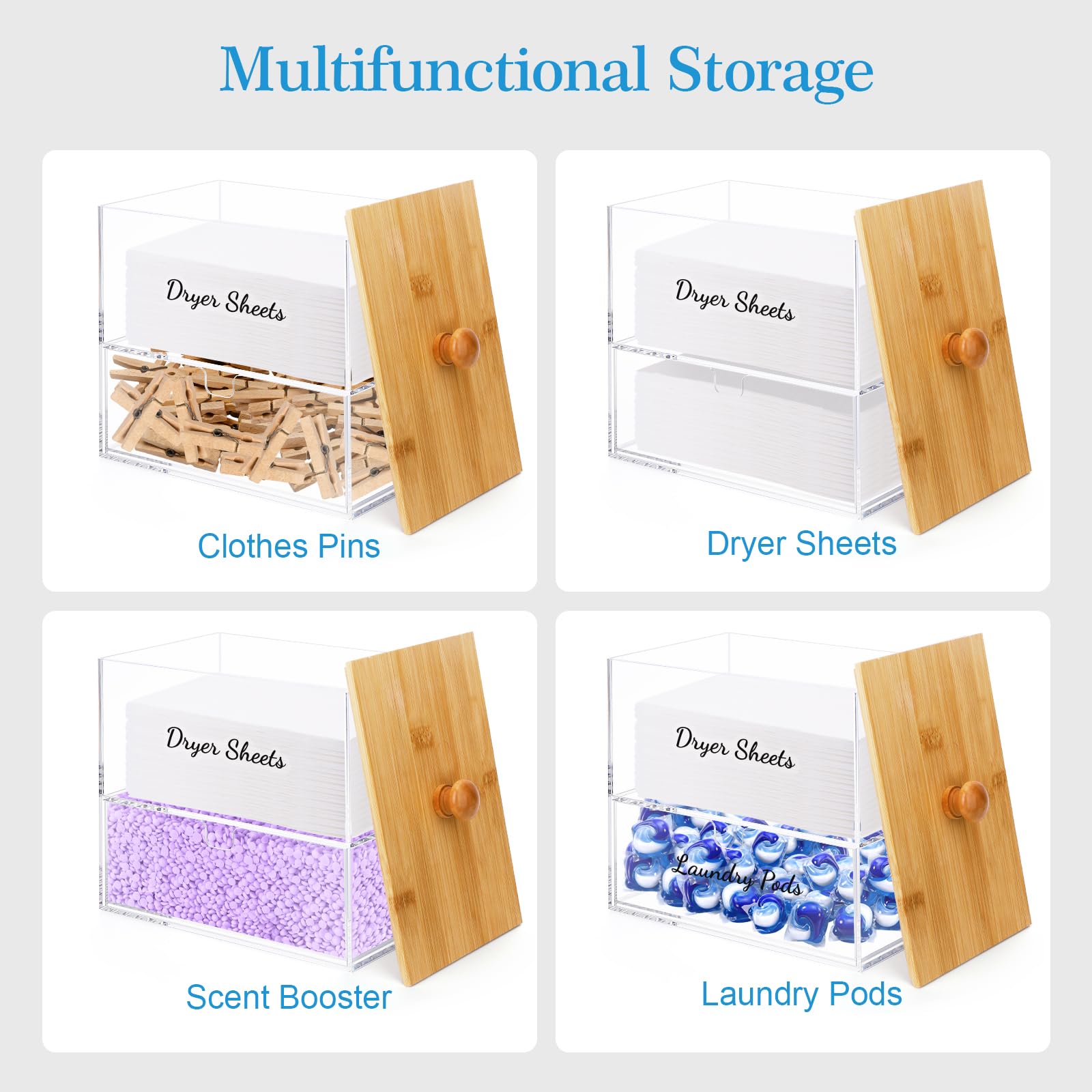 JYPS Acrylic Dryer Sheet Holder with Drawer and Bamboo Lid, Clear Laundry Room Organization and Storage,Dryer Sheet Laundry Pods Containter Box for Laundry Room Decor