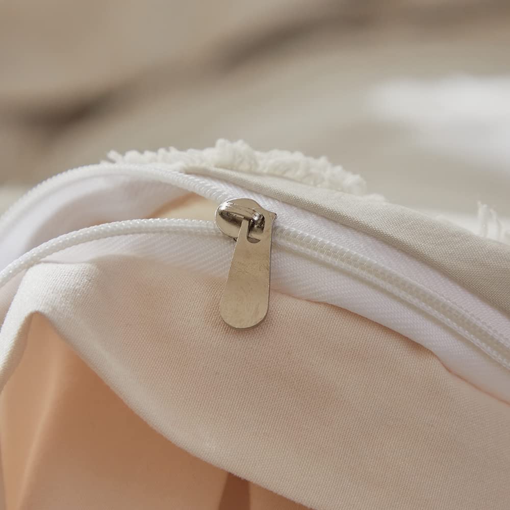 Jolusere Boho Textured Duvet Cover Set Queen Size Beige Solid Reversible Bedding for Women Farmhouse Boho Aesthetic Shabby Chic Bed Soft Lightweight Microfiber Bed Set for All Seasons