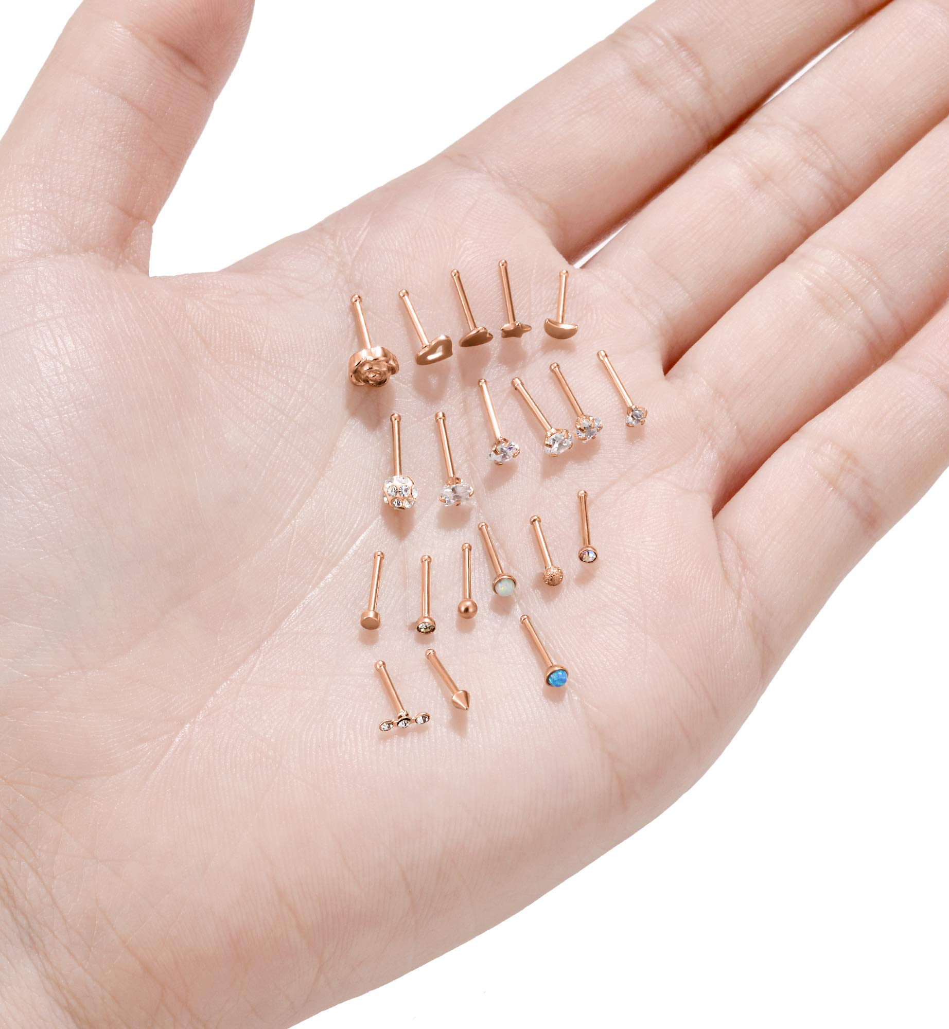 Tornito 20G 20Pcs Nose Ring CZ Nose Stud Retainer Bone Labret Nose Piercing Jewelry Set Stainless Steel Rose Gold Tone