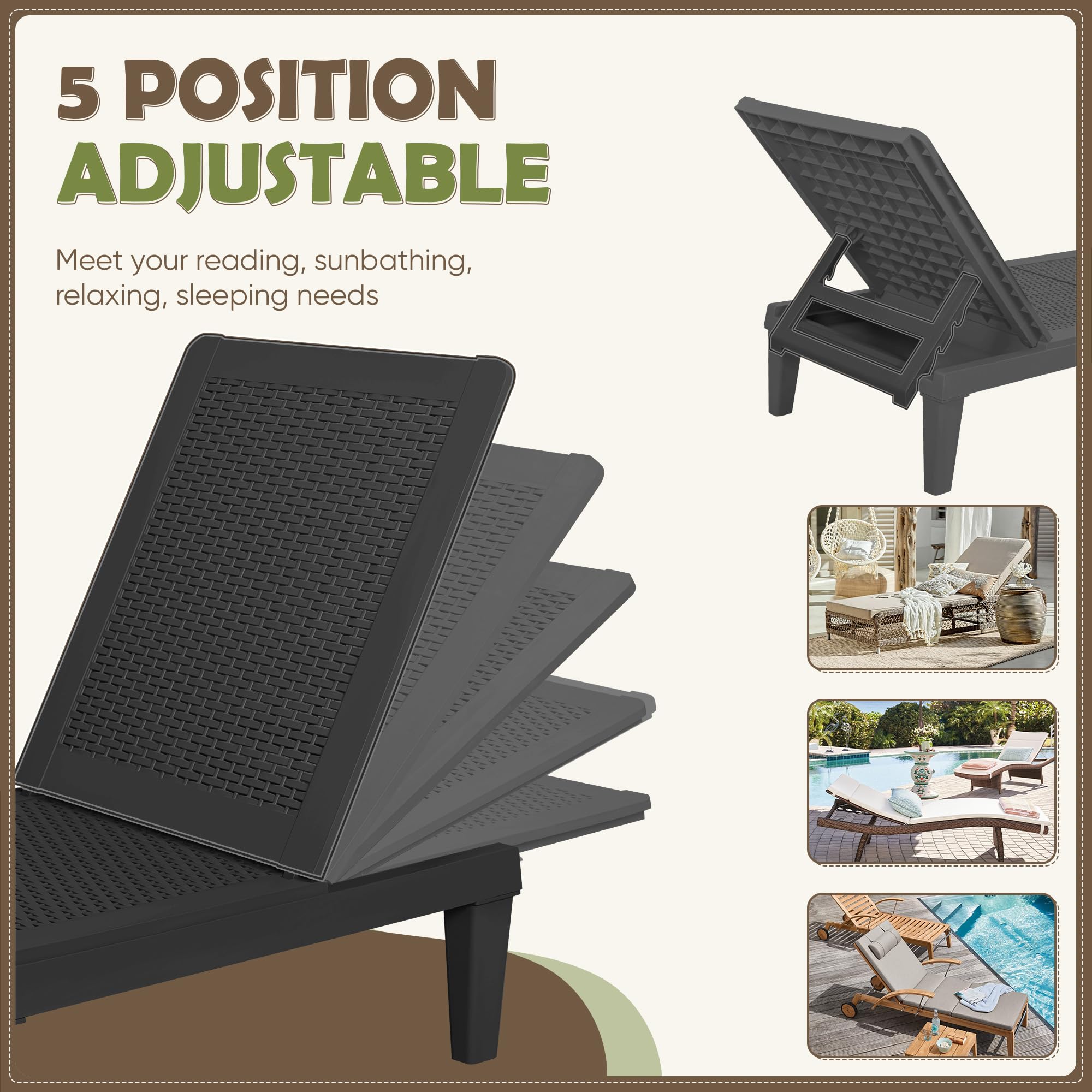 Flamaker Outdoor Lounge Chairs PE Waterproof Chaise Lounge with 5-Position Adjustable Backrest Easy Assembly Pool Lounge Chairs for Deck, Lawn, Beach (Black)