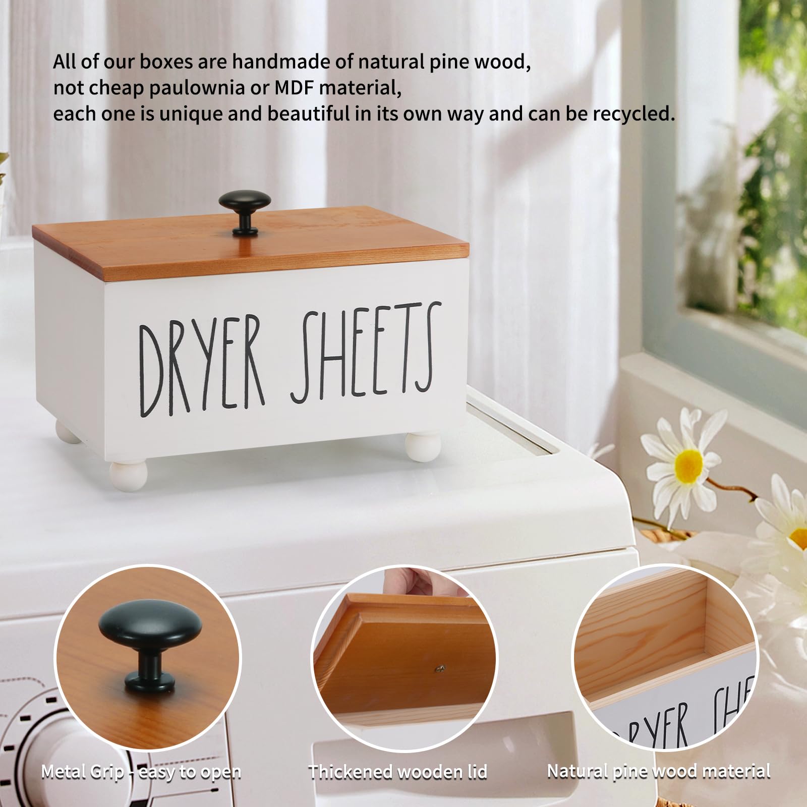 Eniffbaa Dryer Sheet Box with Lid, Dryer Sheet Holder Dispenser Container Laundry Room Decor Box for Laundry Room Organization Storage Dryer Sheets, Fabric Sheet, Dryer Balls Good Gift