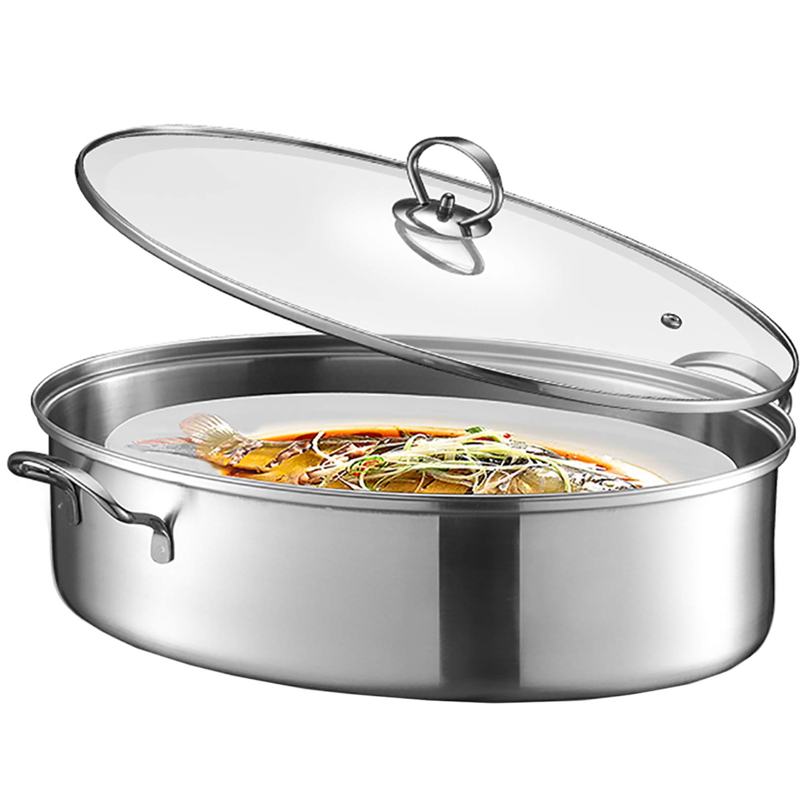 Eglaf 8Qt Stainless Steel Fish Steamer - Multi-Use Oval Cookware with Rack, Ceramic Pan, Chuck - Stockpot for Steaming Fish, Boiling Soup