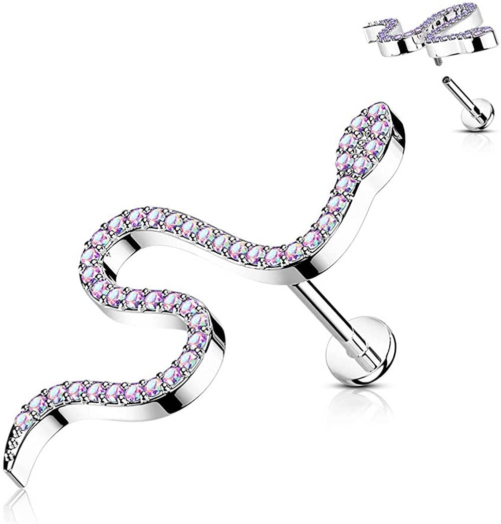 Covet Jewelry Snake Paved CZ Top on Internally Threaded 316L Surgical Steel Flat Back Studs for Labret, Monroe, Cartilage and More (16GA, L: 5/16" (8mm), Aurora Borealis)