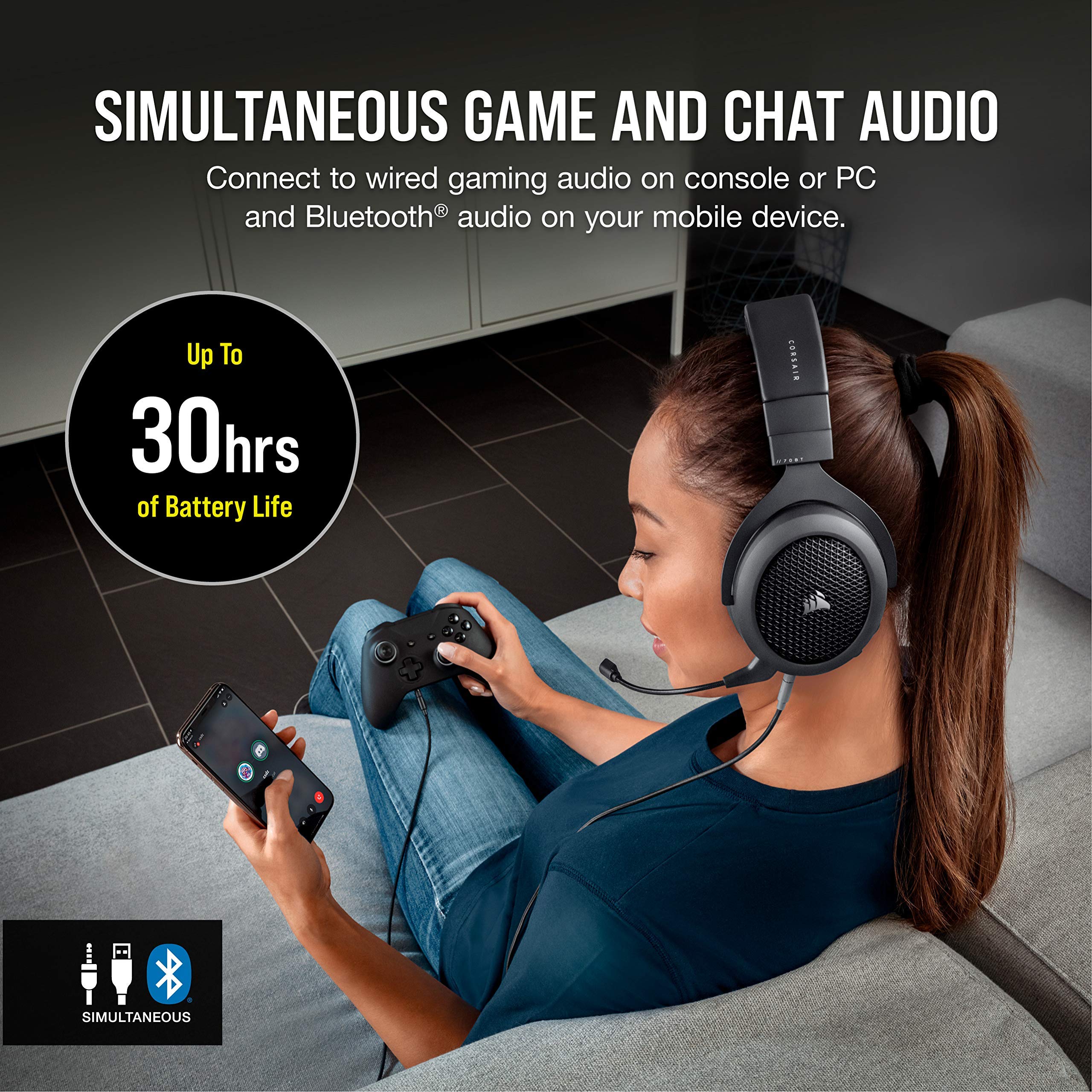 Corsair HS70 Bluetooth - Wired Gaming Headset with Bluetooth - Works with PC, Mac, Xbox Series X, Xbox Series S, Xbox One, PS5, PS4, Nintendo Switch, iOS and Android - Carbon/Black (Renewed)