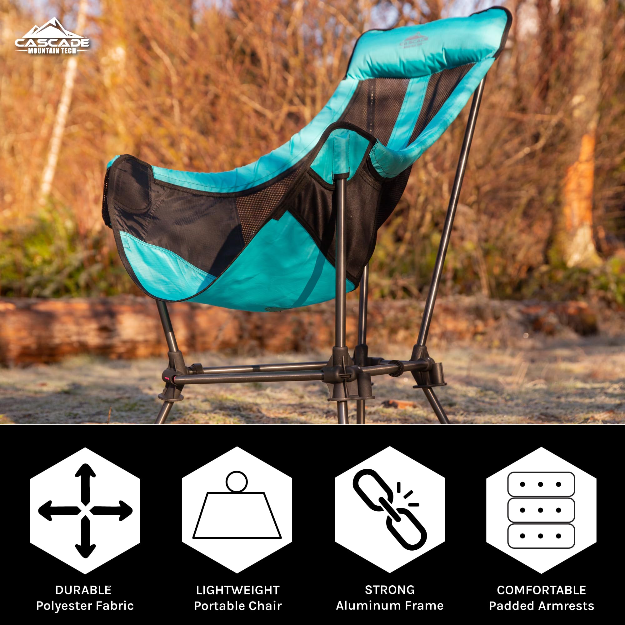 Cascade Mountain Tech Sling Camp Chair with Adjustable Height - Ultralight for Backpacking, Camping, Sporting Events, Beach, and Picnics with Carry Bag