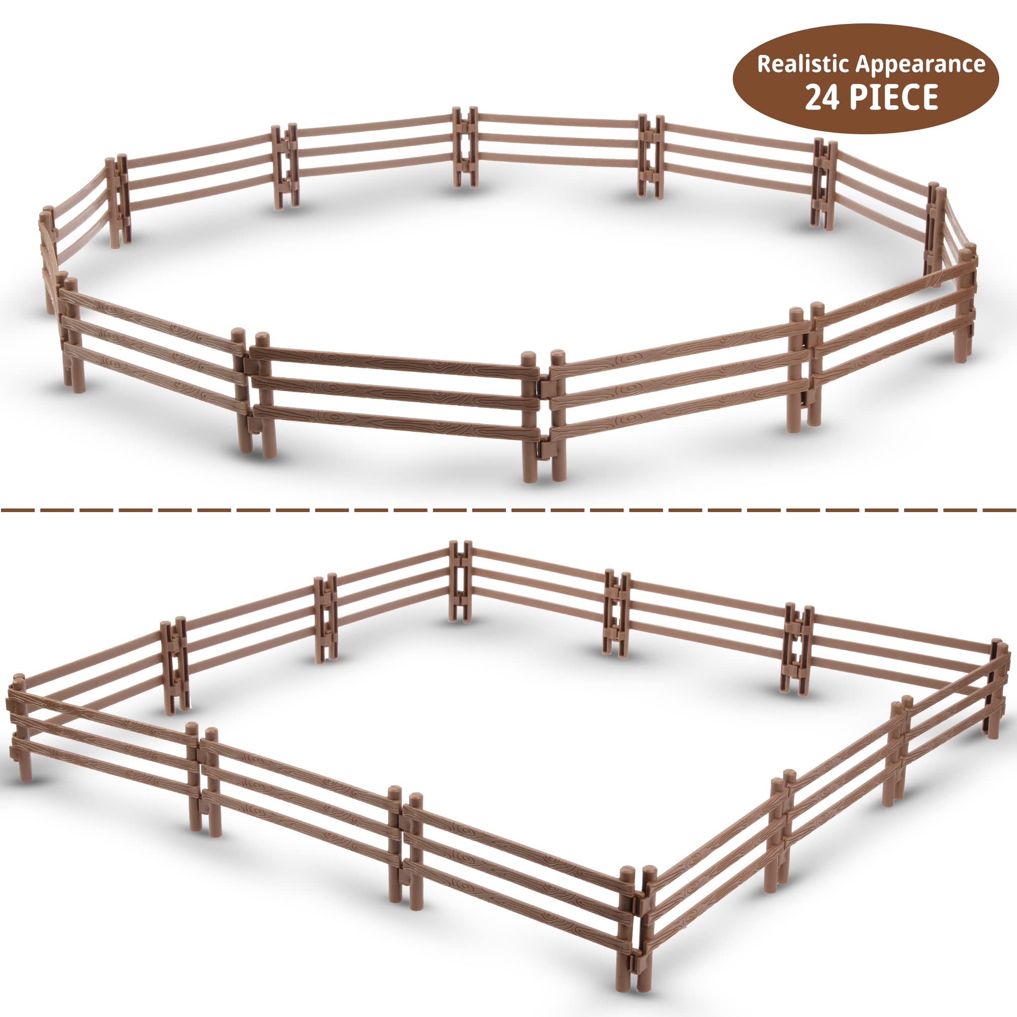 Toymany 24PCS Plastic Corral Fencing Playset Accessories for Farm Animals Figurines, Cake Toppers - Educational Gift for Kids and Toddlers