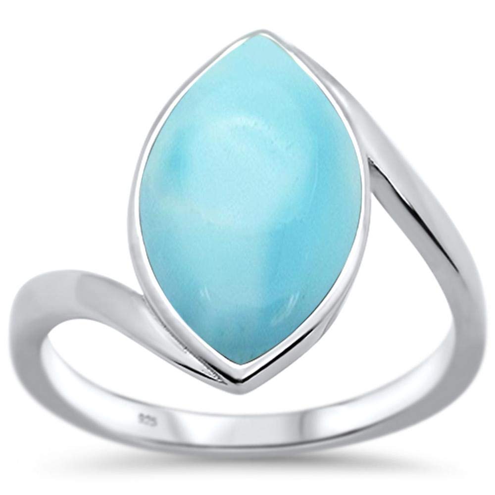 CloseoutWarehouse Marquise Natural Larimar Wavy Design Ring Sterling Silver Size 6