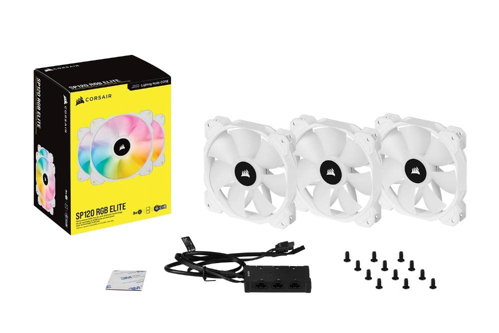 CORSAIR iCUE SP120 RGB ELITE Performance 120mm PWM Triple Fan Kit with iCUE Lighting Node CORE - White