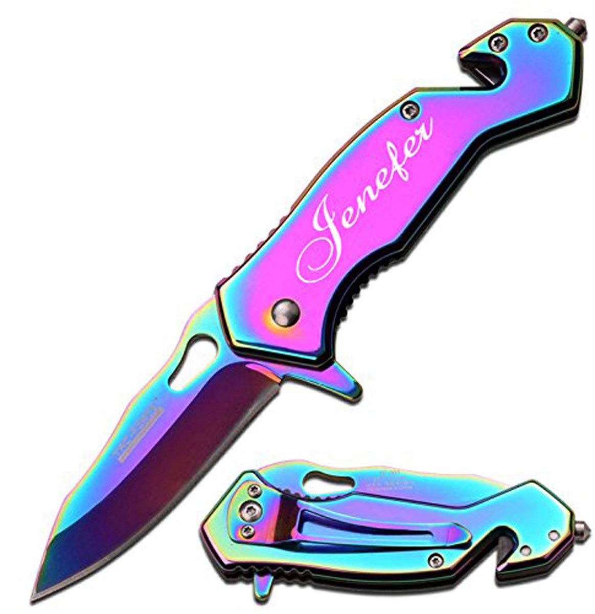 GIFTS INFINITY Personalized Laser Engraved Pocket Knife, Lock-Back Pocket Knife with Clip, Rainbow Ti-Coated Stainless Steel Handle with Perfect Grip, Color - Rainbow
