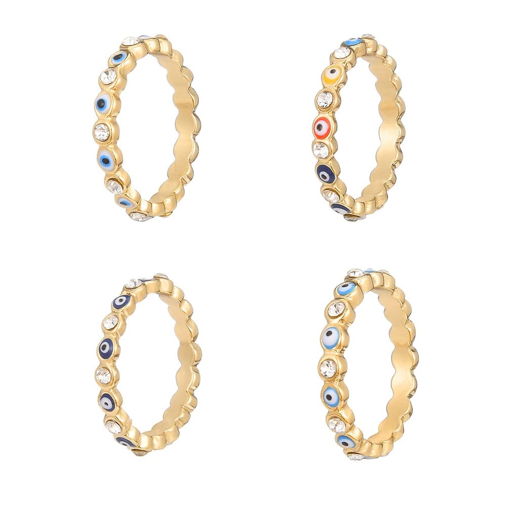 COLORFUL BLING 4 Pcs Set 14K Gold Plated Evil Eye Ring White Gold Plated Eye Ring Set Adjustable Stackable Rings Minimalist Protection Jewelry for Women Girls