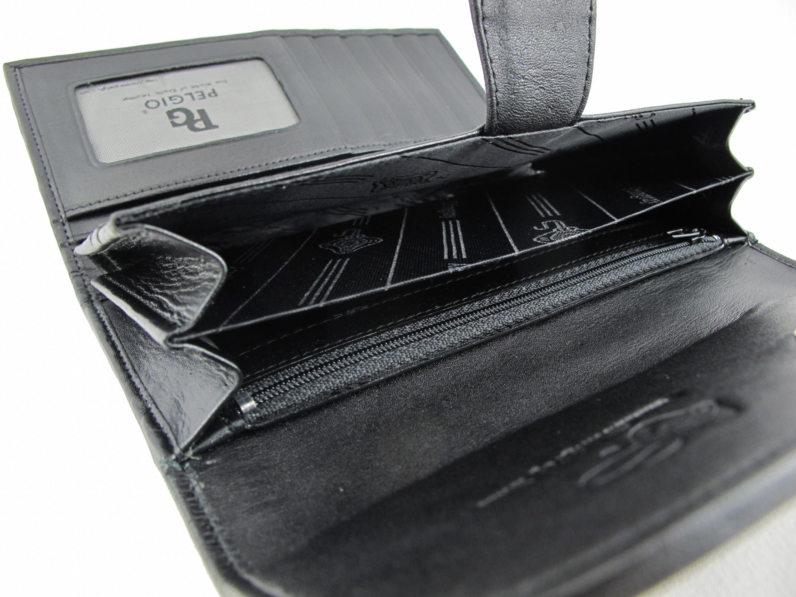 PELGIO Genuine Row Diamond Stingray Skin Leather Women's Trifold Clutch Wallet Black