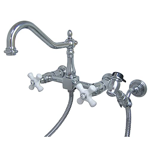 Kingston Brass KS1241PXBS Wall Mount Bridge Kitchen Faucet with Brass Sprayer, 8", Polished Nickel