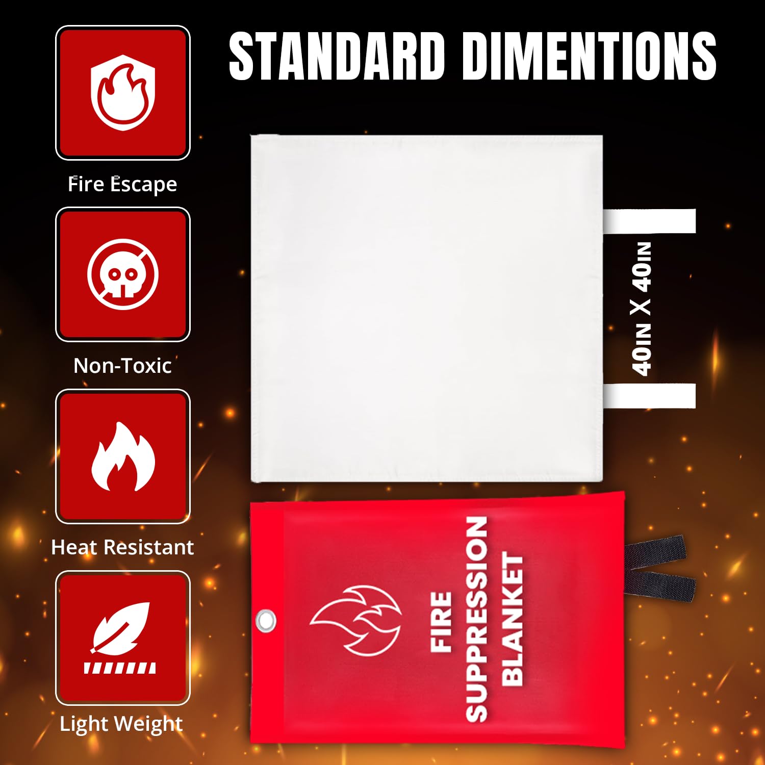 Emergency Fire Blanket | 2 Pack- Fire Blankets Emergency for Home and Kitchen | Flame Retardant Fiberglass for Effective Fire Suppression | Ideal for Kitchen, Car & Camping(40"x40")