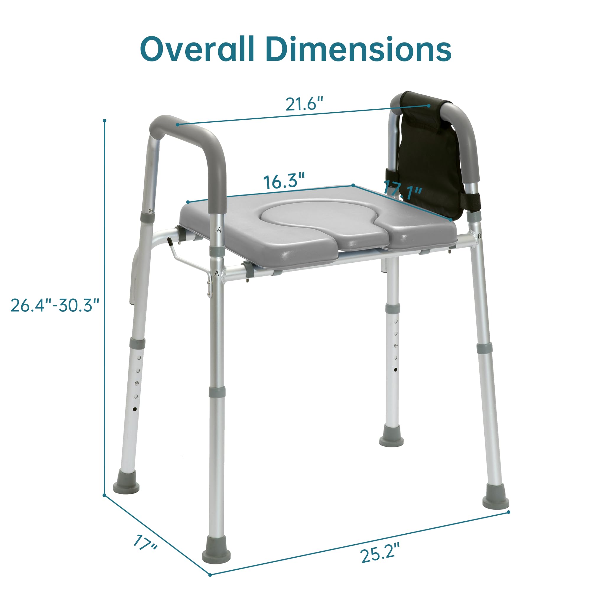 ELENKER Raised Toilet Seat with Armrests and Padded Seat, Elevated Toilet Seat for Elderly and Disabled, Adjustable Height, Grey