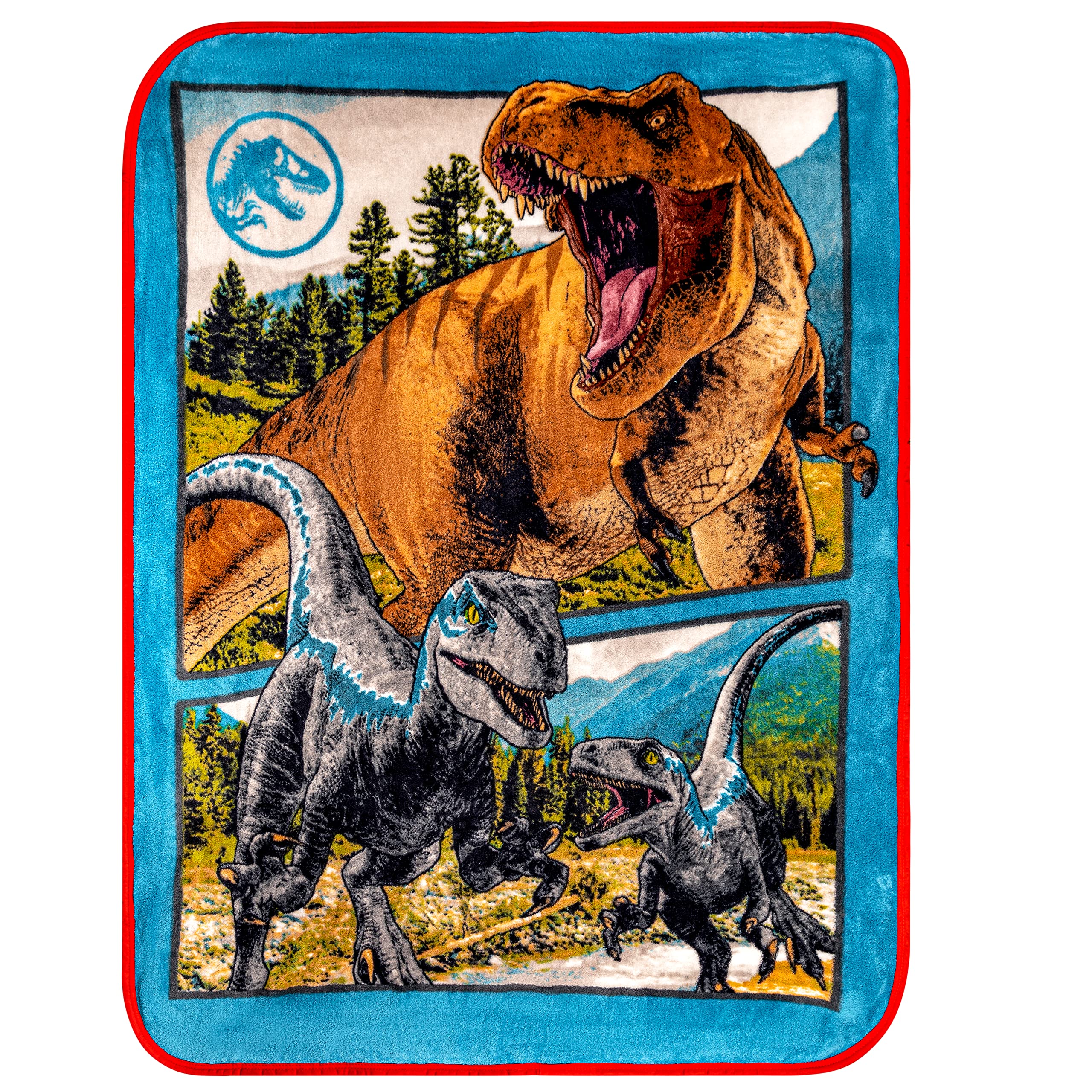 Jurassic World Dominion Blue Velociraptor and Rexy T-Rex Super Soft Plush Micro Raschel Blanket, 46 Inches x 60 Inches, Bedding by Franco Kids