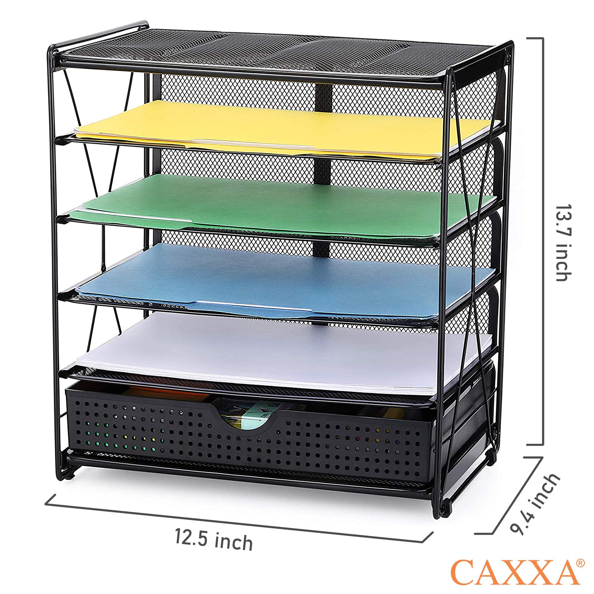 CAXXA 5 Tier Mesh Letter Tray, Desk File Organizer, Desktop Paper Tray Holder with Drawer, Black