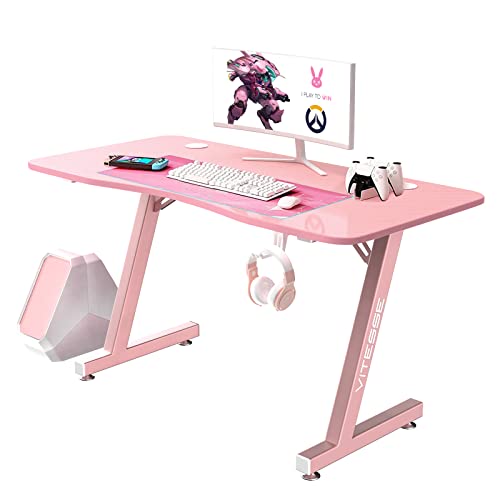 VITESSE Pink Gaming Desk, 40 inch Ergonomic Gaming Desk for Girls, Cute Kawaii Computer Desk, Gaming Tables with Headphone Hook…