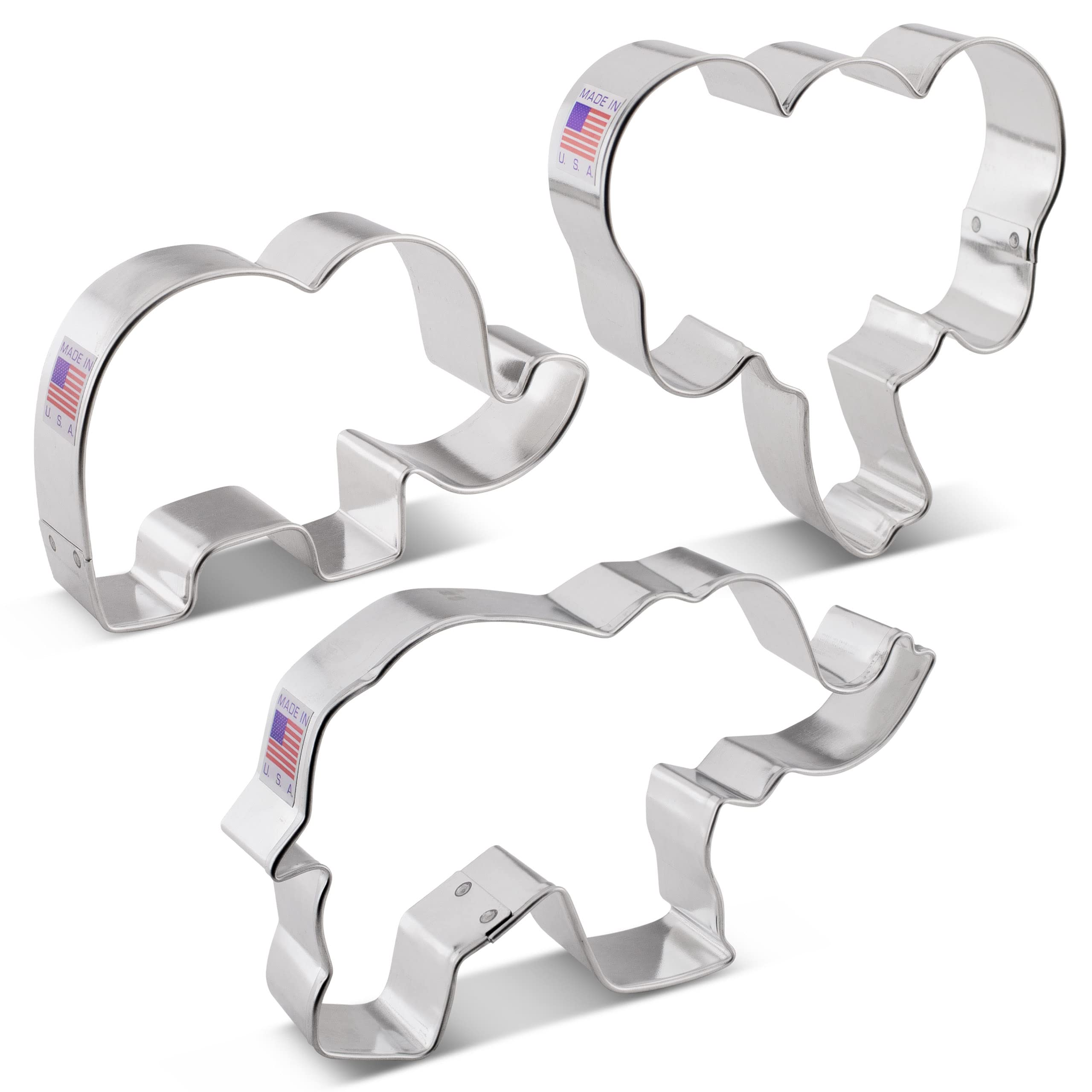 Elephants Cookie Cutters 3-Pc. Set Made in the USA by Ann Clark, Elephant Face, Cute Elephant, and Elephant