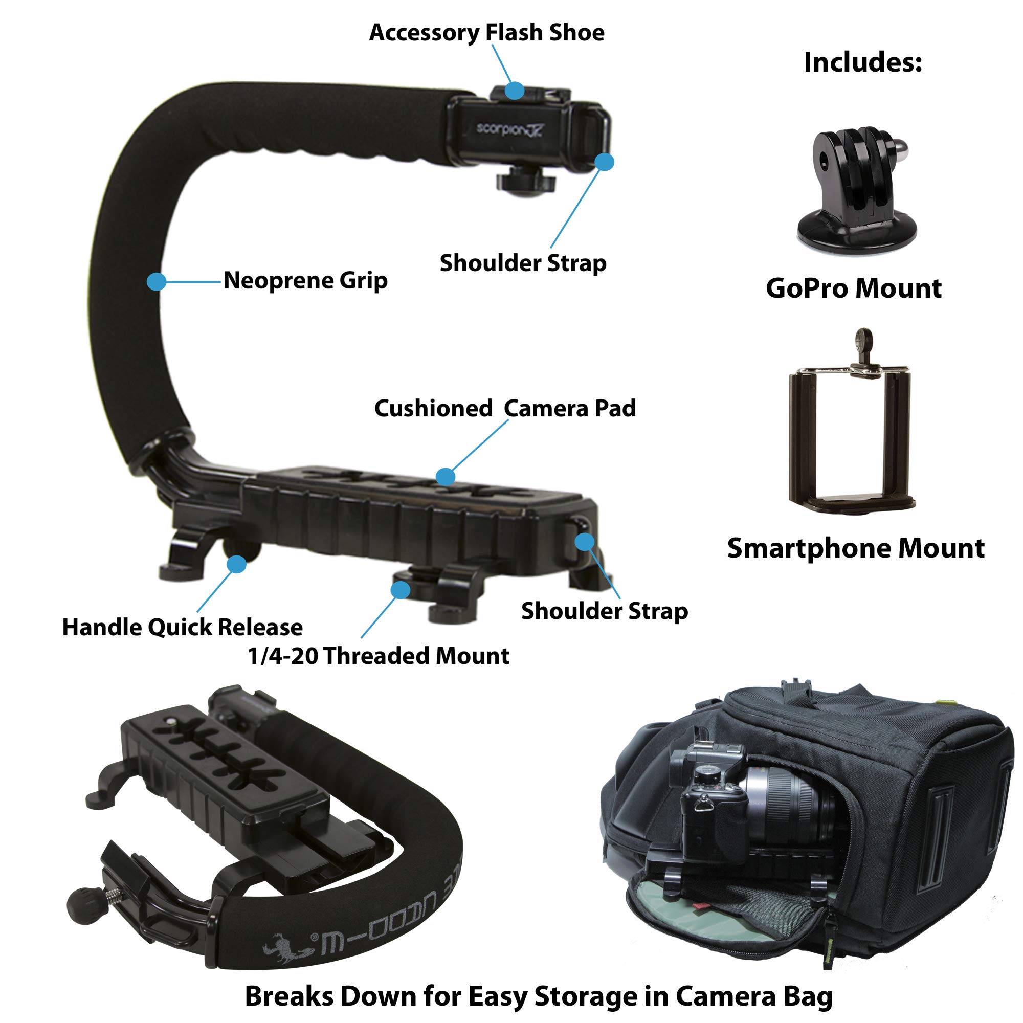 Cam Caddie Scorpion Jr Camera Stabilizer - Collapsible Stabilizing Smartphone Handle for All DSLR, GoPro, Mobile Phones with Integrated Cold Shoe and 1/4-20 Threaded Mounting Knob - Black