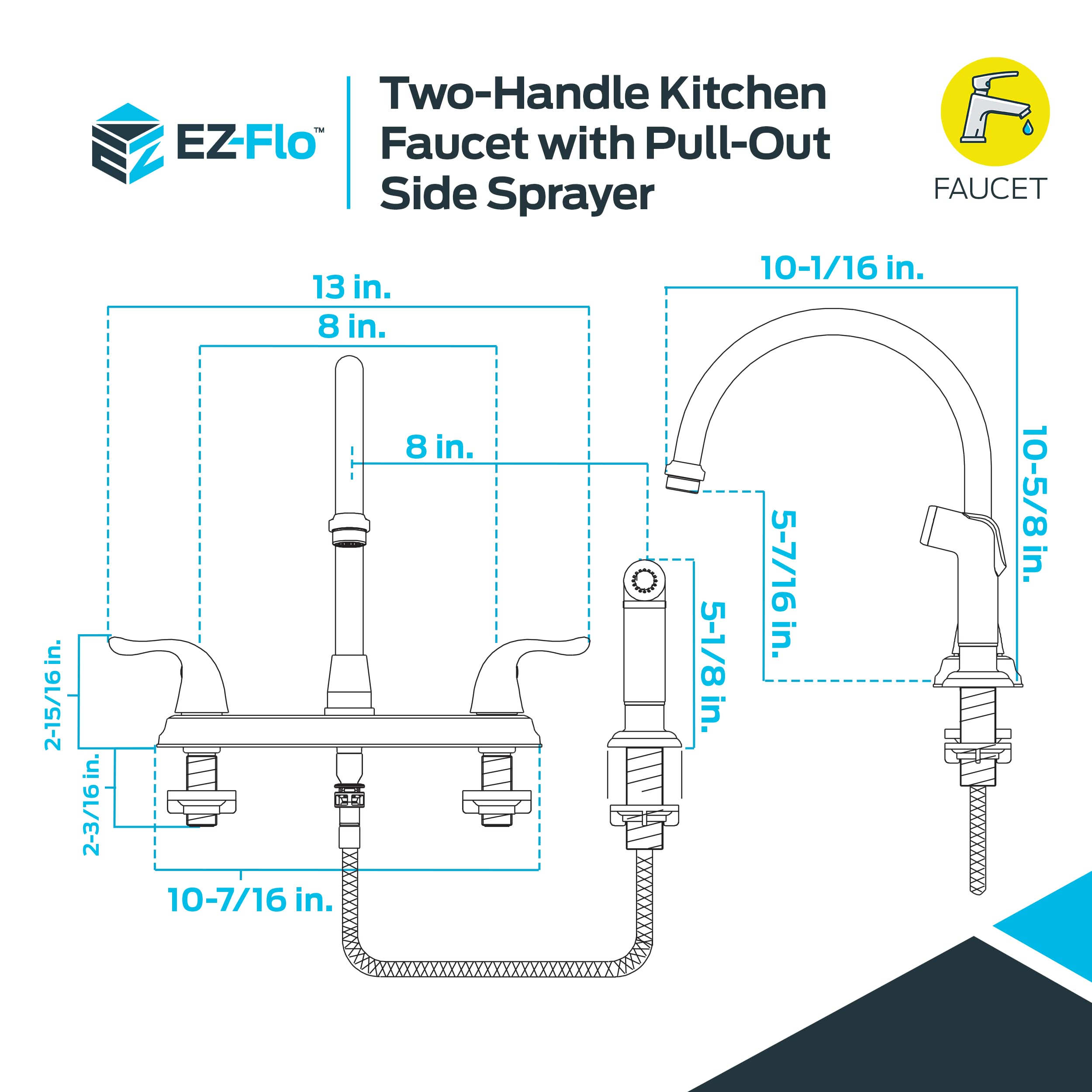 EZ-FLO Kitchen Faucet, Kitchen Sink Faucet with 2 Handles and Pull-Out Side Sprayer, 4-Hole Installation, Chrome, 10201