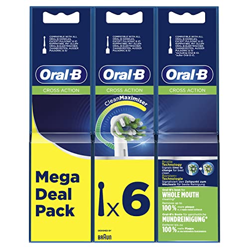 Oral-B Cross Action Electric Toothbrush Head with CleanMaximiser Technology, Angled Bristles for Deeper Plaque Removal, Pack of 6 Toothbrush Heads, White
