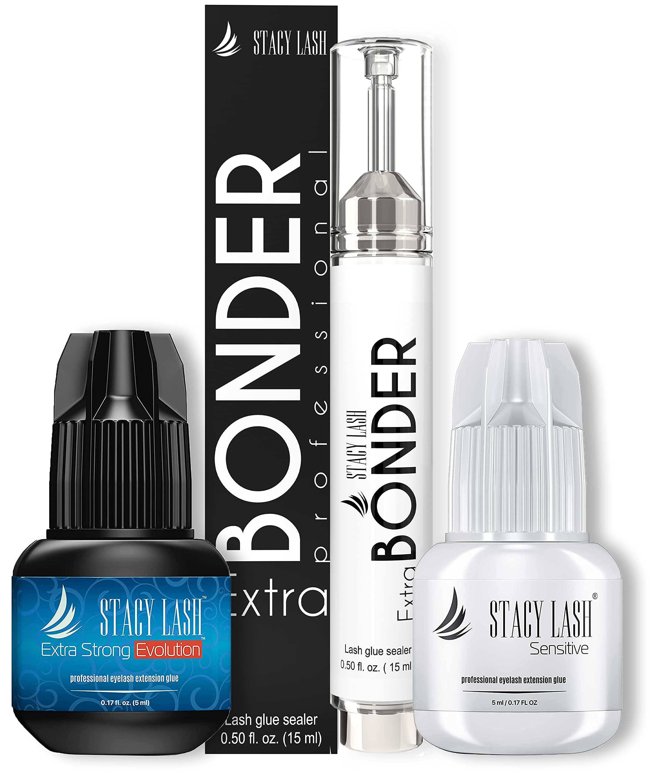 Extra Strong Evolution 5ml + Sensitive Eyelash Extension Glue 5 ml + Extra Bonder - Stacy Lash/Black Semi-Permanent Adhesive for Individual Lash Extensions & Super Sealer/Professional Use Only