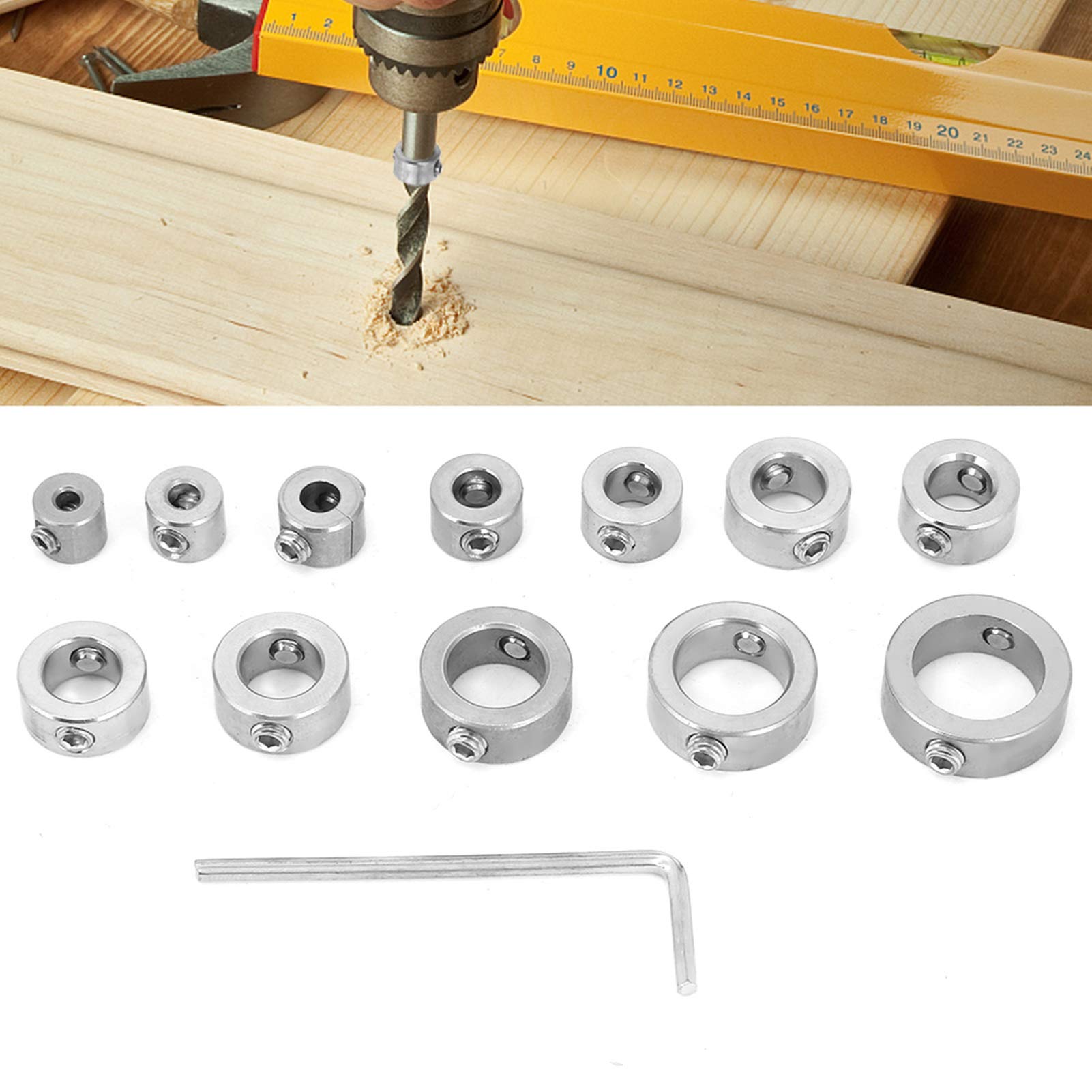 Kadimendium 12pcs 3-16mm Stainless Steel Drill Depth Stop Bit Collar Set Drilling Limit Ring Dowel Shaft Chuck Stop Collar Set with Hex Wrench