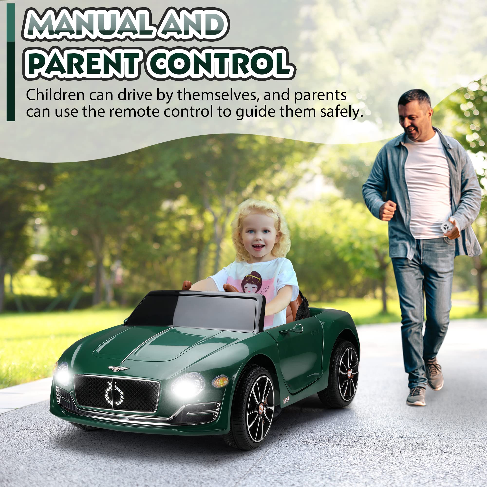 Tobbi 12V Licensed Bentley Electric Kids Ride On Racer Cars Toy Battery Powered Vehicle with Remote Control 3 Speeds MP3 USB in Blackish Green