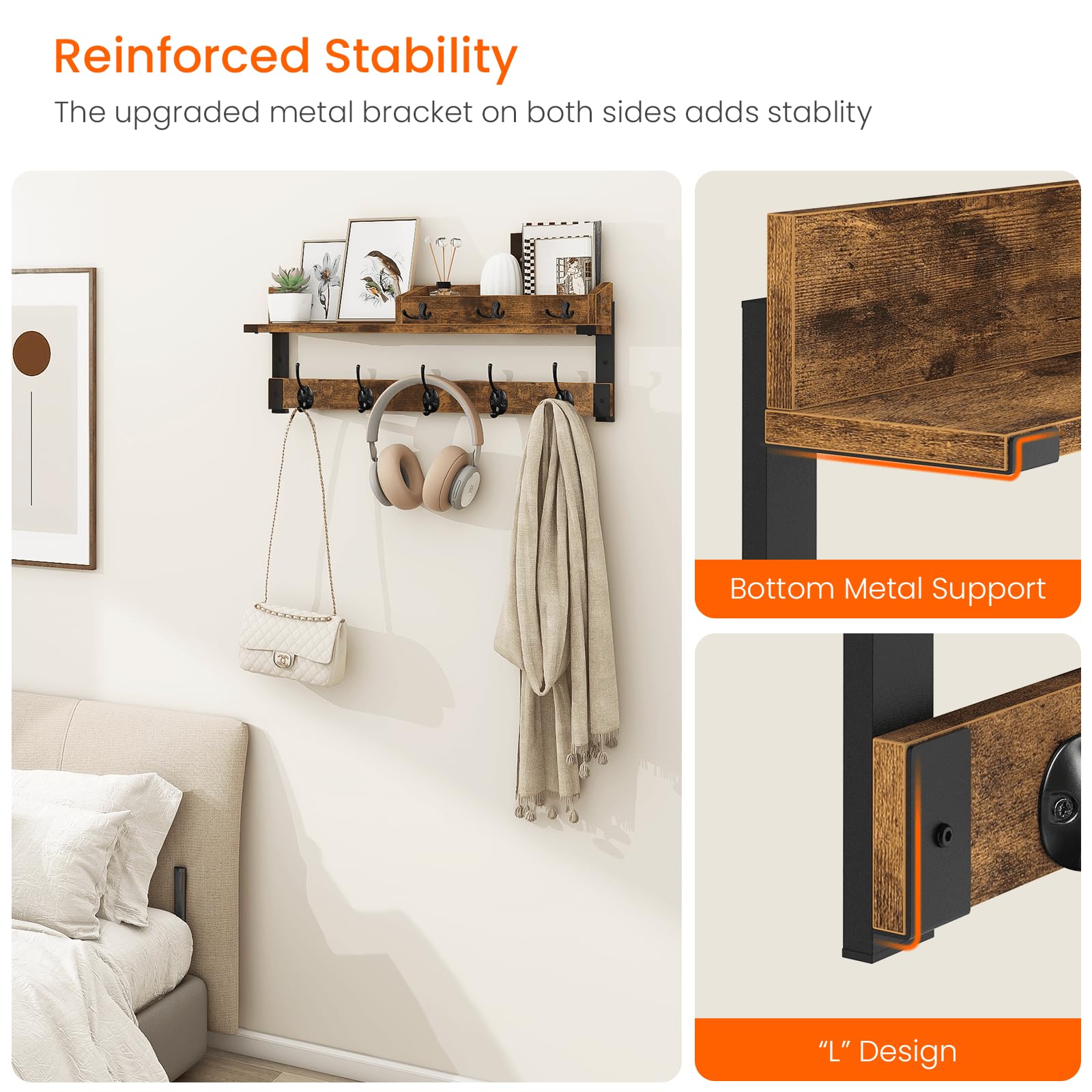 Homode Coat Rack with Shelf, Wall Shelf with Hooks, 26 Inch Long Coat Hanger Wall Mount with Key and Mail Holder, Wood Entryway Shelf for Hanging Hat Jacket Backpack Purse, Rustic Brown Black