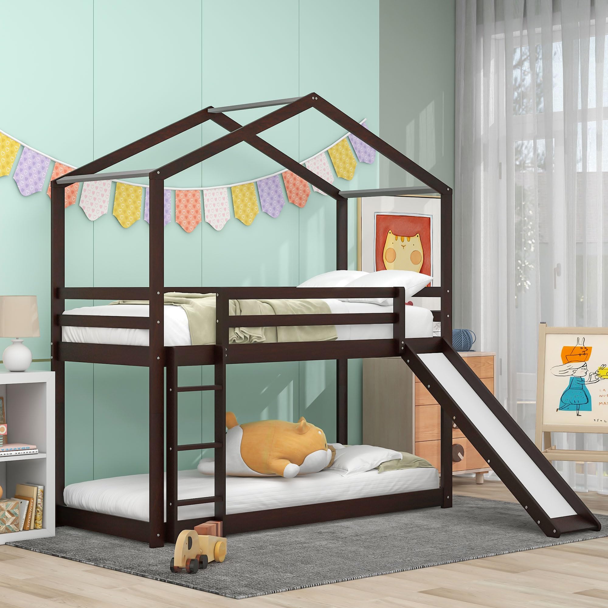 Harper & Bright Designs House Bunk Bed with Slide, Solid Wood Kids Bunk Beds Twin Over Twin with High Guardrail, Able to Split, Kids Loft Bunk Bed for Girls Boys, Easy Assembly,Espresso