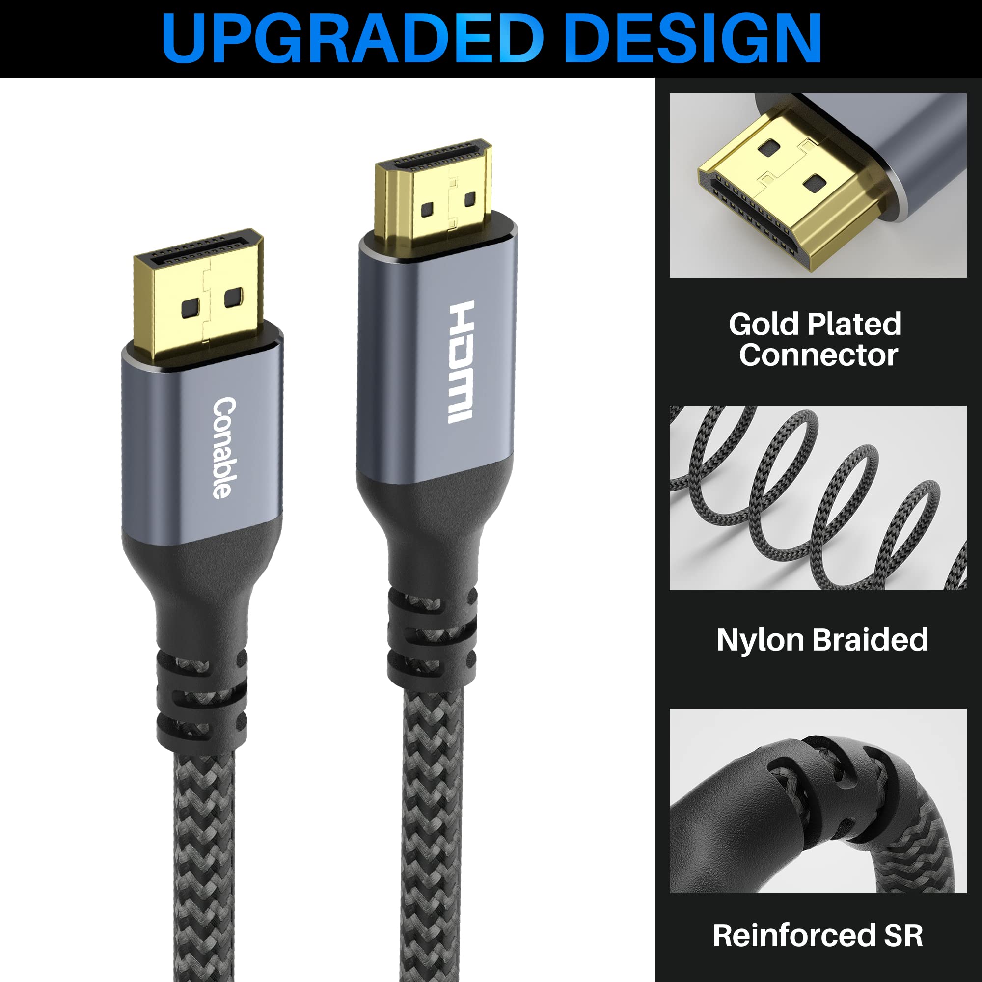 Conable 4K DisplayPort to HDMI Cable 20FT 4K@60HZ HDR Ultra HD Uni-Directional Active DP to HDMI Cord Support 4K@60Hz, 2K@120Hz, Grey