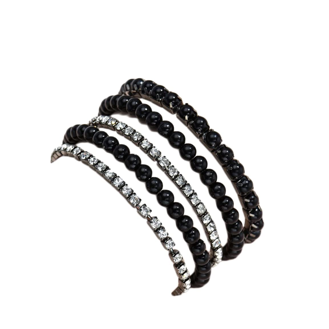 COLORFUL BLING 5-6Pcs Imitation Pearl Stretch Bracelet Set for Women Gold Beaded Flat Strand Stackable Crystal Rhinestone Layered Bracelet for Women Jewelry-5pcs black crystal