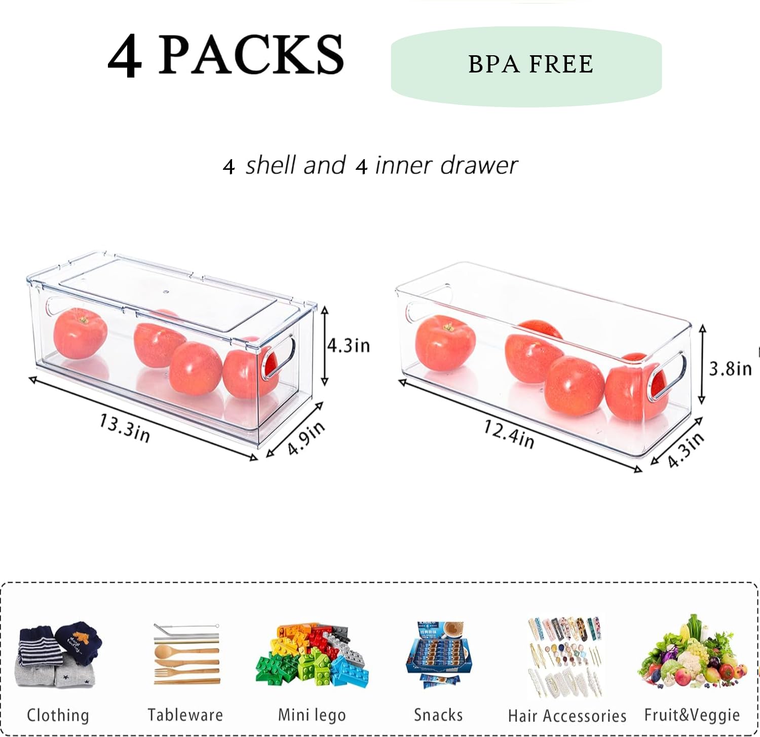 YouLike 2pack Clear Pull-Out Bin Stackable Refrigerator Organizer Drawer Plastic Cabinets Pantry Storage Containers for Bedrooms Home Office Closet & Shoe Organization(13.5”x8.5”x4.5”)