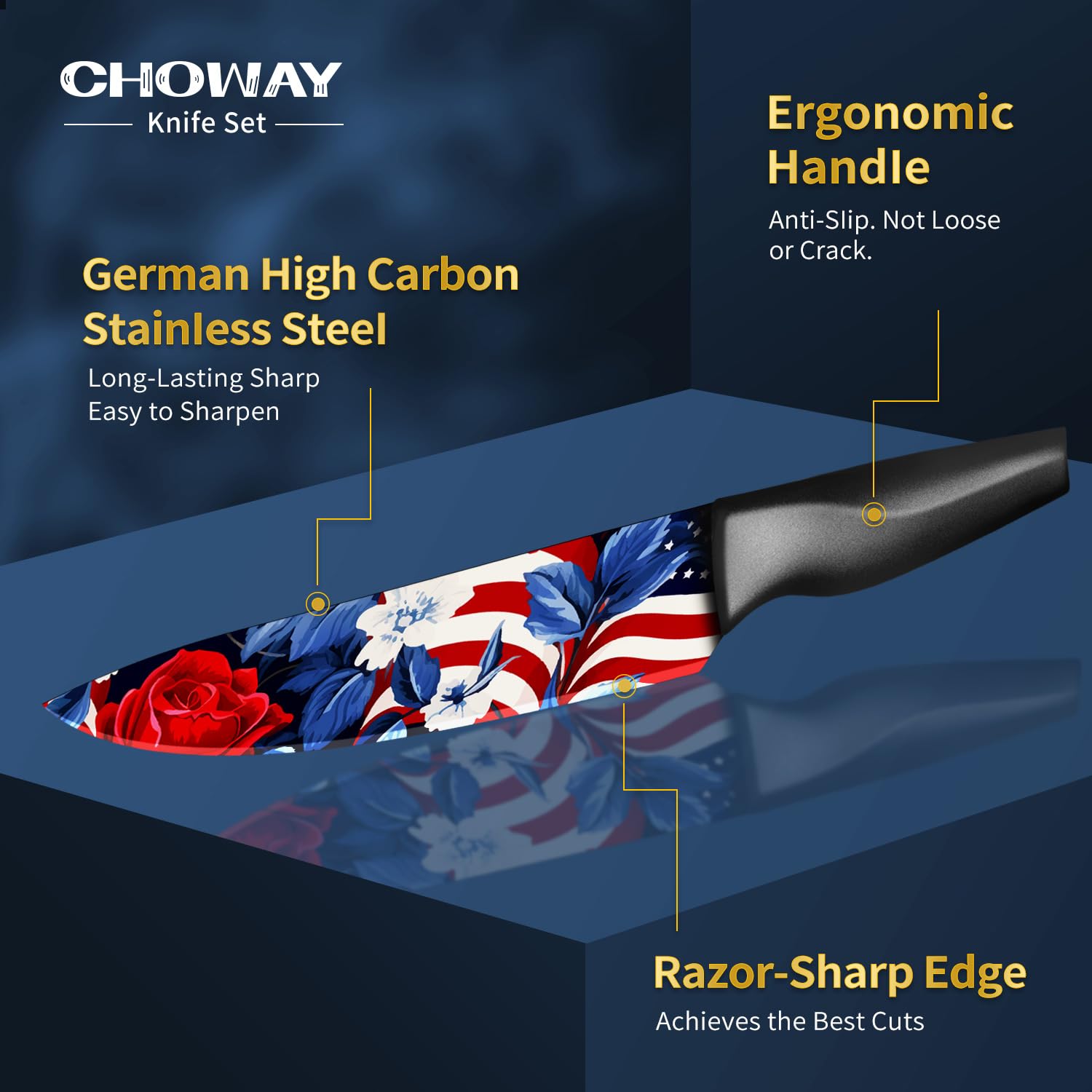 Knife Set, 6-Piece Kitchen Knife Set, German Stainless Steel, Dishwasher Safe, Beautiful Unique Gifts, Freedom, Equality and Justice Patterns