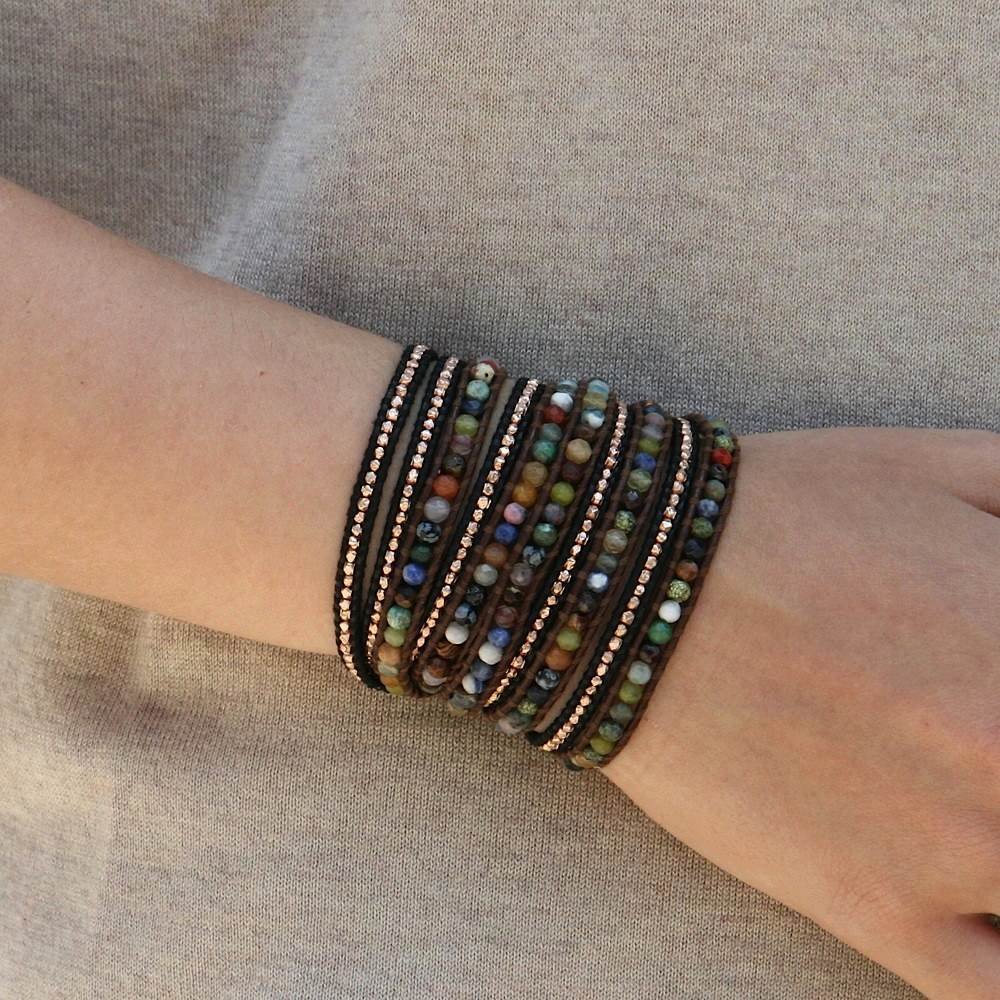 Chan Luu Multi Stone Wrap Bracelet on Brown Leather