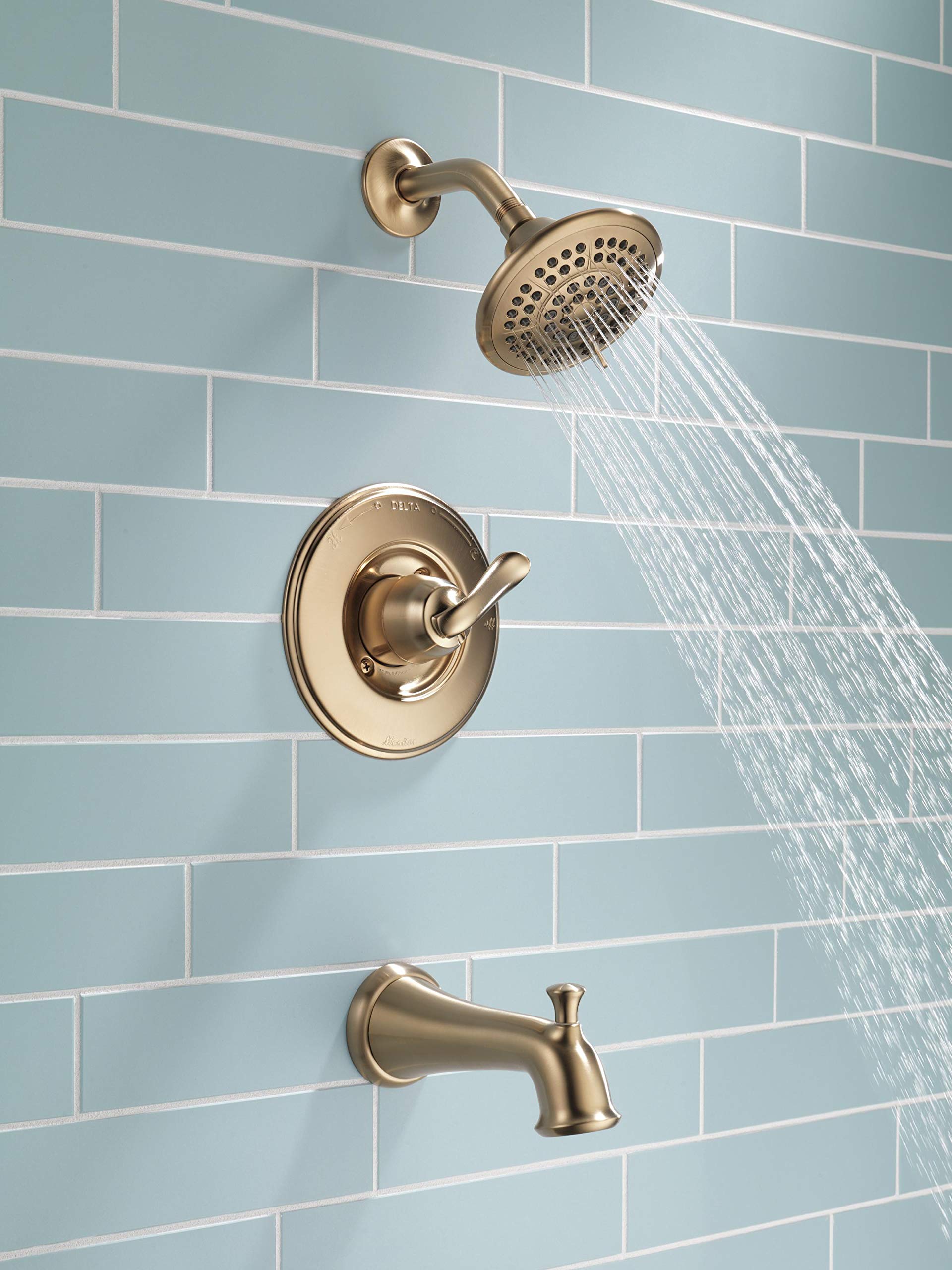 Delta Faucet Linden 14 Series Single-Function Tub and Shower Trim Kit with 5-Spray Touch-Clean Shower Head, Champagne Bronze T14494-CZ (Valve Not Included), Without Rough