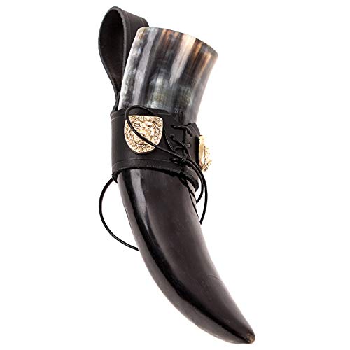 Mythrojan THE LION ALWAYS PAYS ITS DEBTS - Viking Drinking Horn with Black Leather holder Authentic Medieval Inspired Viking Wine/Mead Mug β Polished Finish