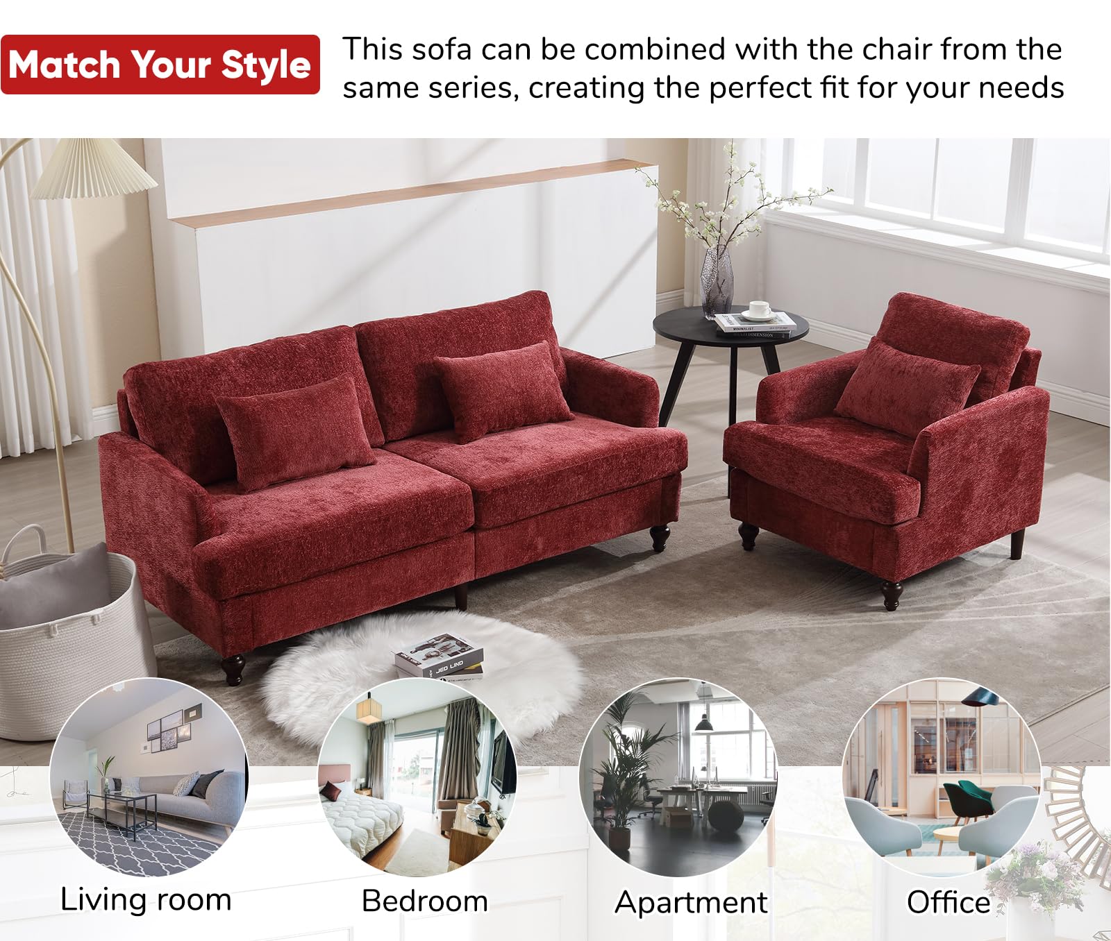 JOYBASE 70 inch Loveseat Sofa, Mid-Century Modern Love Seat Couch with Wood Legs, Upholstered Comfy Sofa for Living Room, Apartment, Office, Bedroom (Wine Red, Chenille)