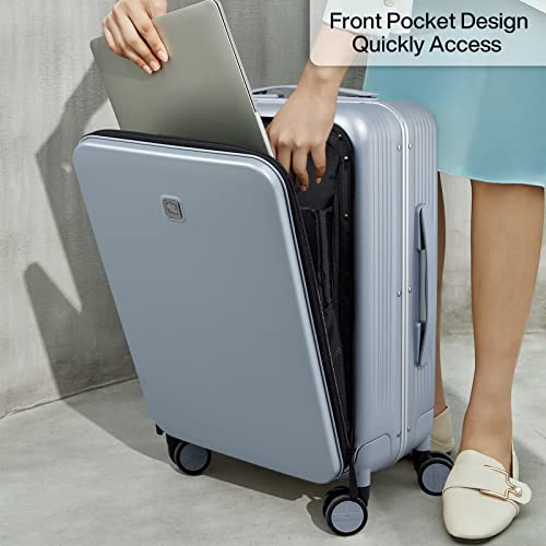 Hanke 20 Inch Carry On Luggage with Front Pocket Aluminum Frame (Can Not Open in The Middle) Hard Shell Suitcases with Wheels Rolling Luggage Suitcase with Lock Travel Luggage for Weekender- Grey