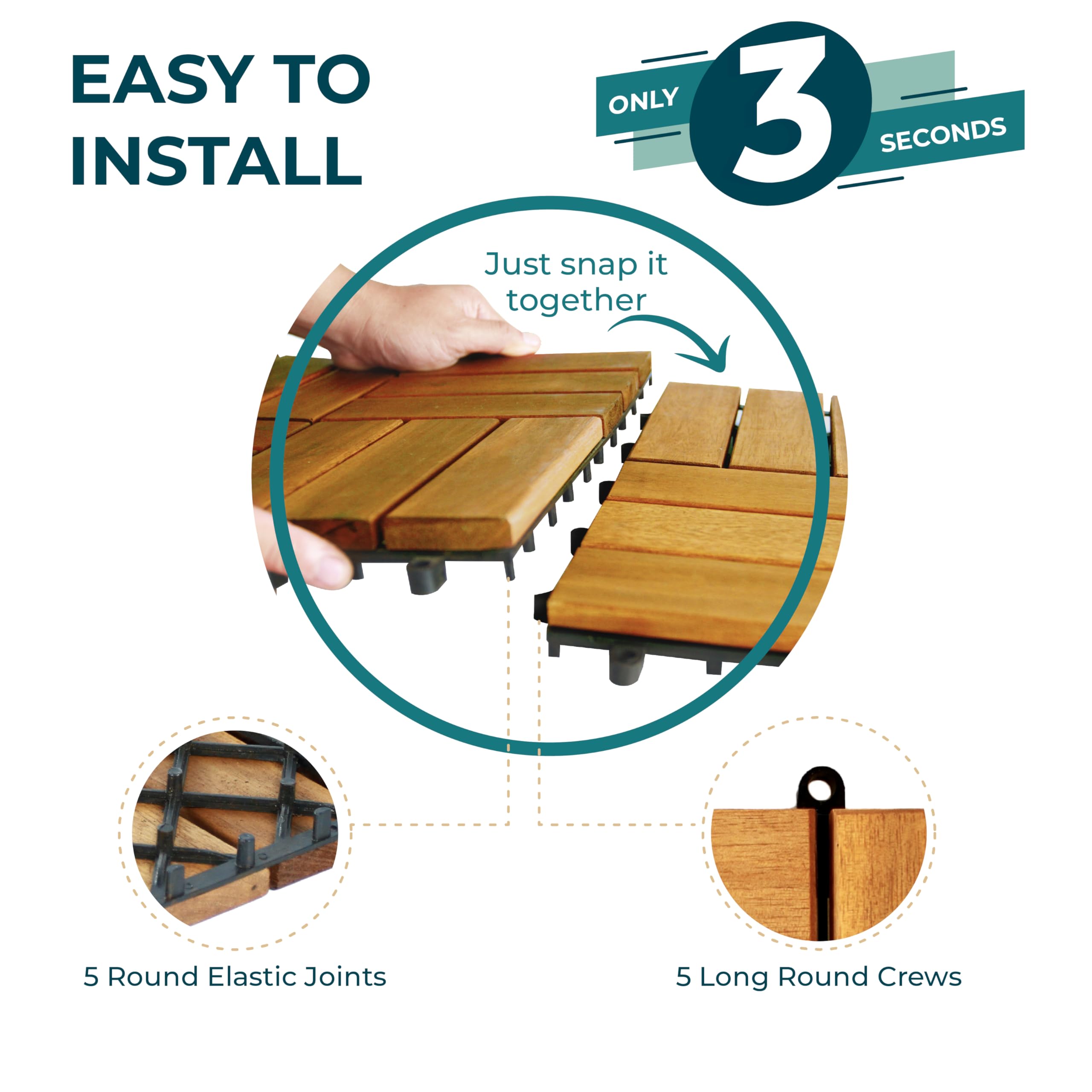 CLOVERHOLM 10Pcs Interlocking Deck Tiles - Waterproof 12βx12β Acacia Wood Tiles, Patio Tiles for Indoor and Outdoor, interlocking outdoor floor tiles, pavers, 12 Slats Checker Pattern (Natural, 12in)